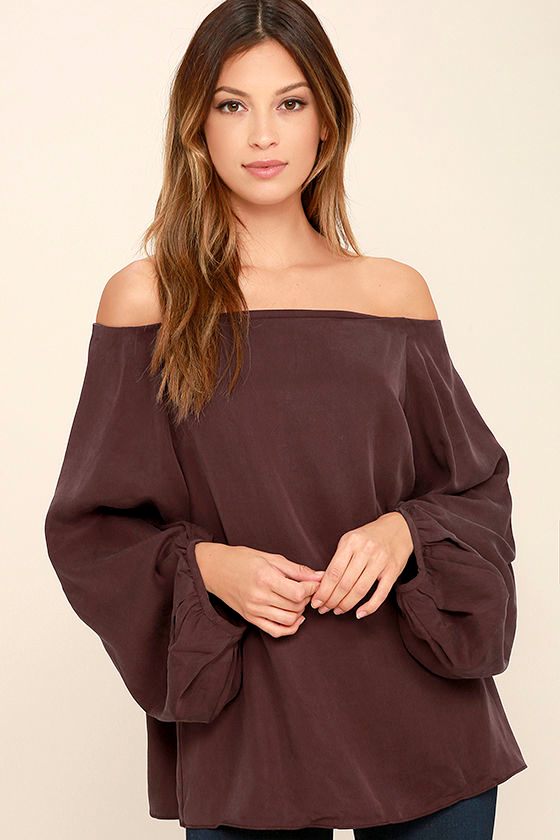 Chic Washed Burgundy Top - Off-The-Shoulder Top - Long Sleeve Top - $45 ...