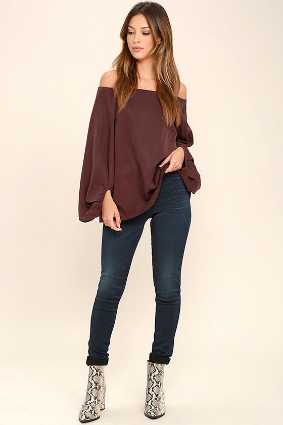 Chic Washed Burgundy Top - Off-The-Shoulder Top - Long Sleeve Top - $45 ...