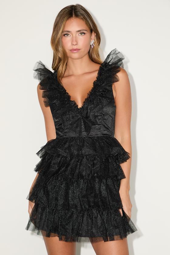 Black Tulle Dress - Tiered Ruffled Dress - V-Neck Mini Dress - Lulus