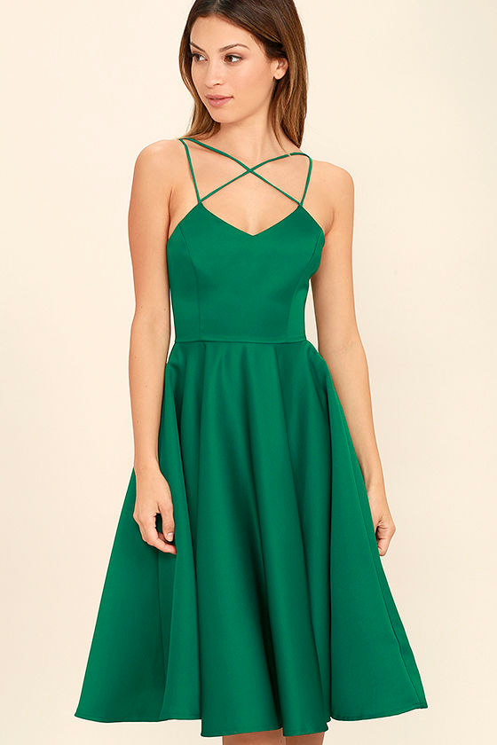 Lovely Green Dress - Strappy Dress - Midi Dress - Fit and Flare Dress ...