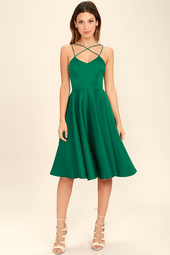 Lovely Green Dress - Strappy Dress - Midi Dress - Fit and Flare Dress ...