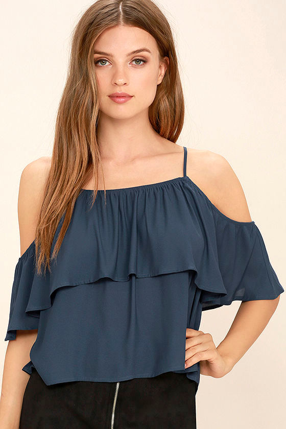 Lovely Washed Blue Top - Off-the-Shoulder Top - Cold Shoulder Top - $33 ...