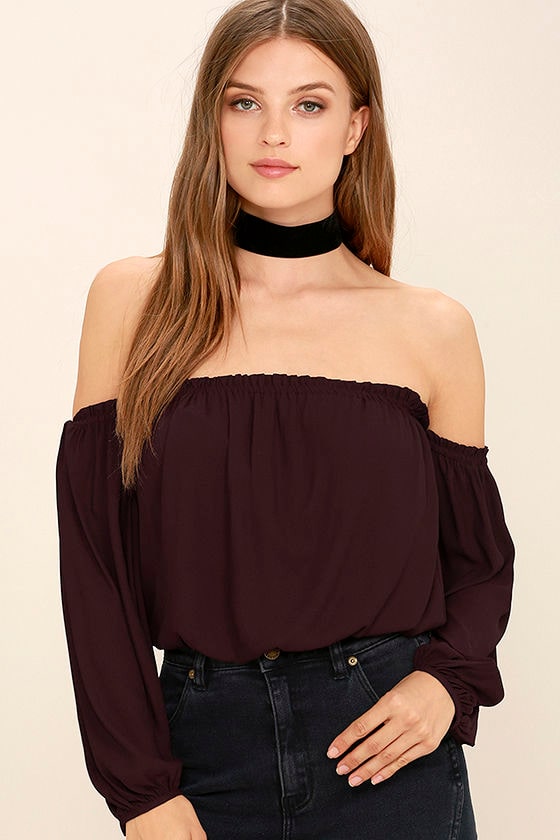 Chic Plum Purple Top - Off-The-Shoulder Top - Long Sleeve Top - Crop ...