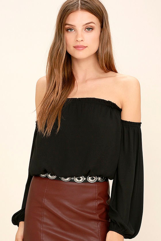 Chic Black Top - Off-The-Shoulder Top - Long Sleeve Top - Crop Top ...