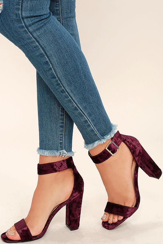 Chic Wine Heels - Burgundy Velvet Heels - Block Heels - Ankle Strap ...