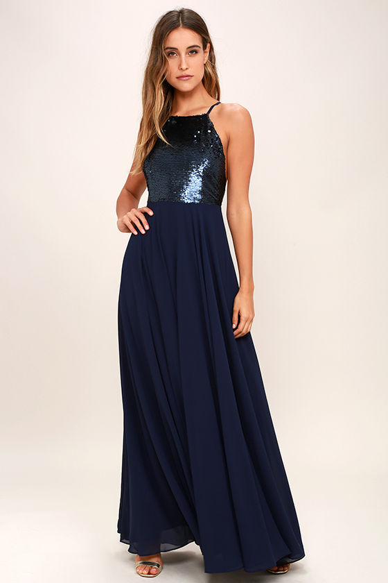 Lovely Navy Blue Dress Sequin Dress Maxi Dress 89 00 Lulus