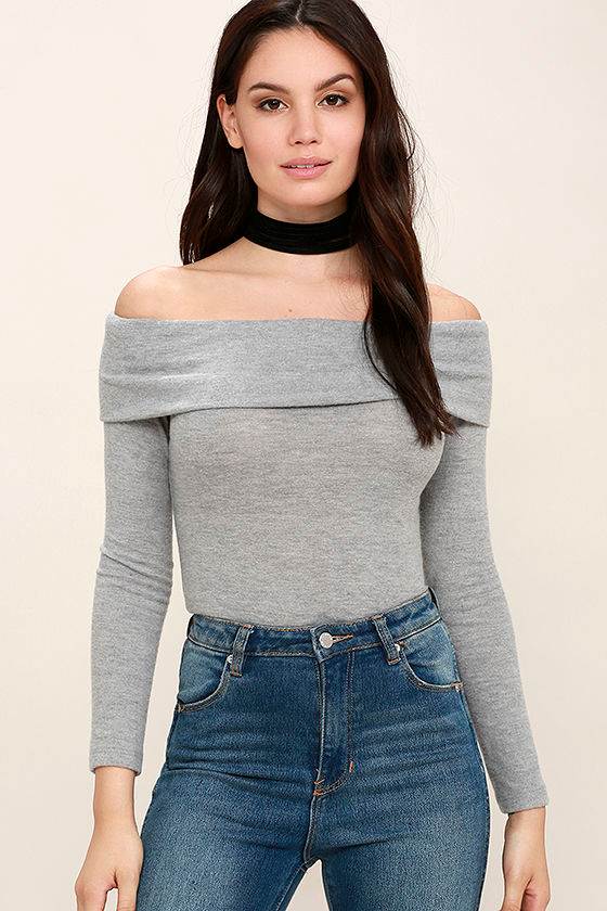 Chic Heather Grey Top - Off-The-Shoulder Top - Long Sleeve Top ...