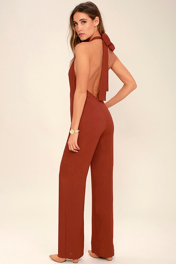 Cool Rust Red Jumpsuit - Halter Jumpsuit - Wide-Leg Jumpsuit - $64.00 ...