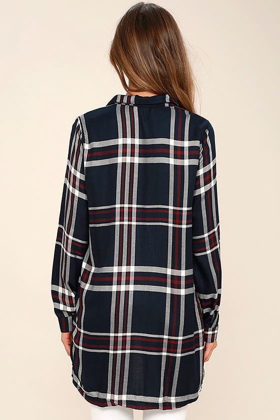 Cute Navy Blue Plaid Top - Long Sleeve Top - Tunic Top - $42.00