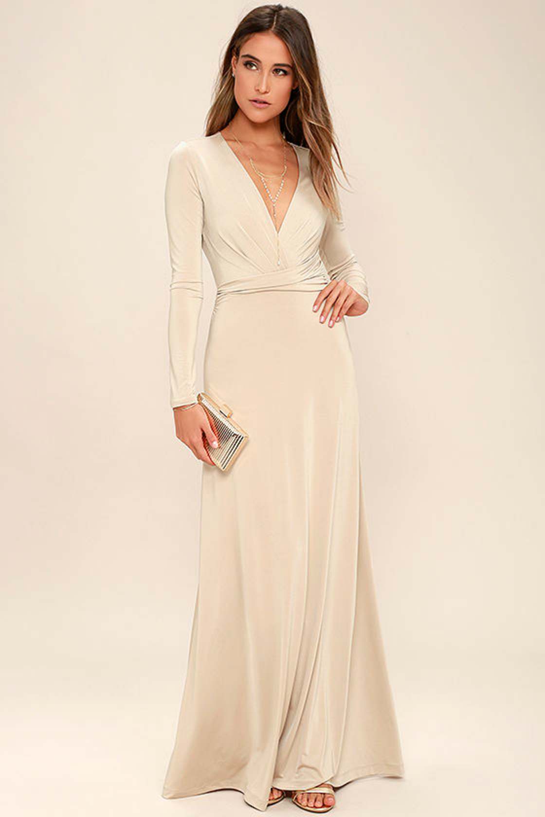 Lovely Beige Dress - Maxi Dress - Long Sleeve Dress - $64.00 - Lulus