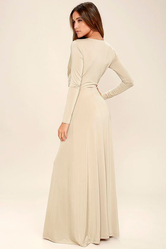Lovely Beige Dress - Maxi Dress - Long Sleeve Dress - $64.00