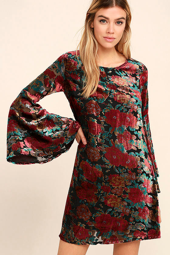 Lovely Black Floral Print Dress Velvet Dress Long Sleeve Dress