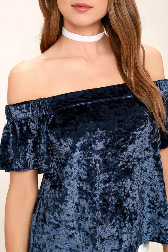Lovely Slate Blue Top - Crushed Velvet Top - Off-the-Shoulder Top - $31.00