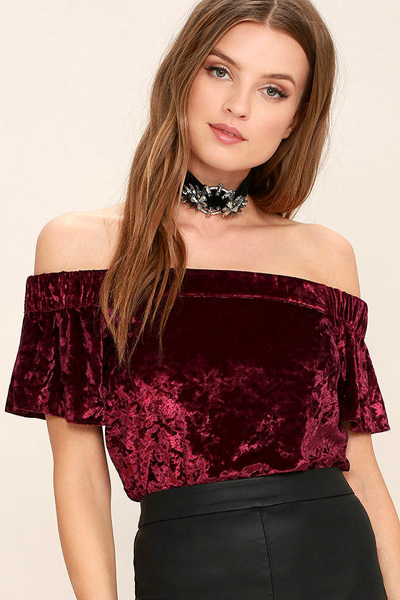 Lovely Burgundy Top - Crushed Velvet Top - Off-the-Shoulder Top - $31. ...