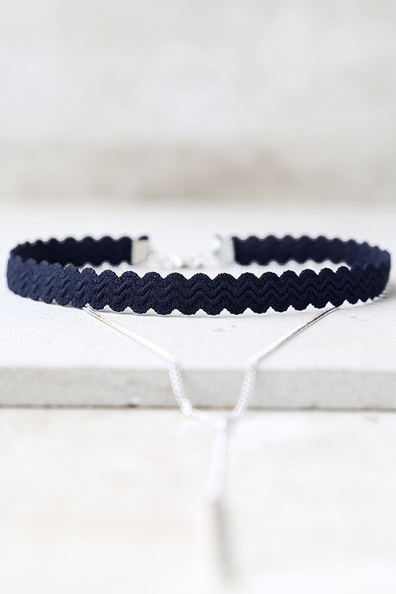 Cute Silver and Navy Blue Choker - Layered Choker - Elastic Choker - $15.00