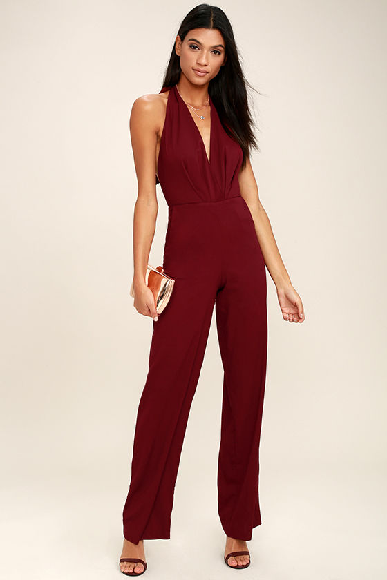 Sexy Burgundy Jumpsuit Woven Jumpsuit Halter Jumpsuit 56 00 Lulus