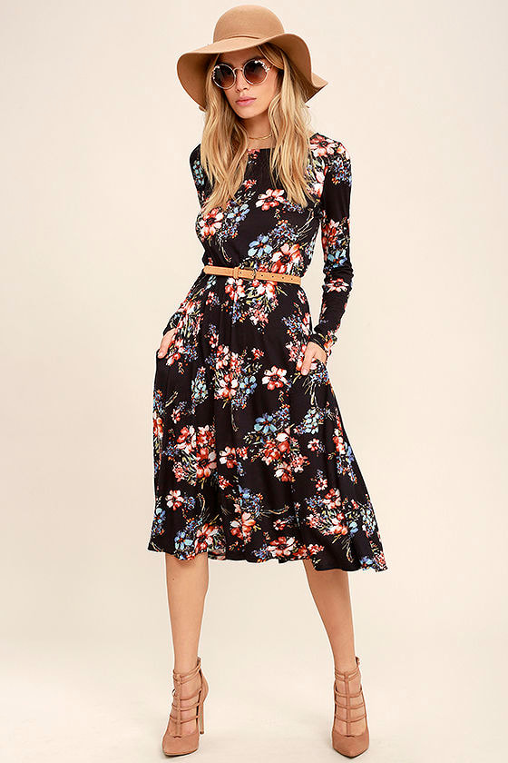 Lovely Navy Blue Dress Floral Print Dress Long Sleeve Dress 38