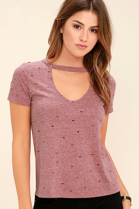 Cute Distressed Tee - Cutout Tee - Washed Burgundy Tee - $25.00 - Lulus