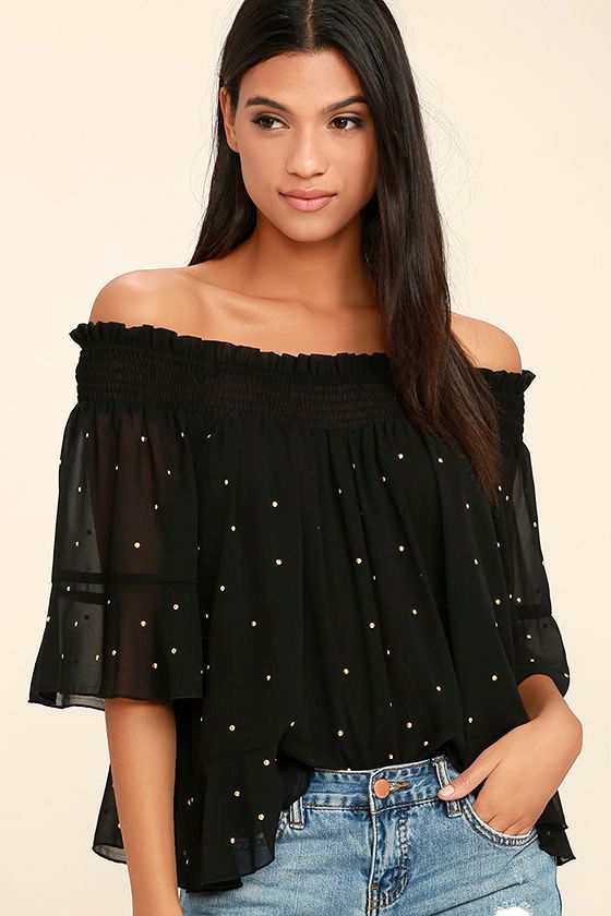 Cute Black Top - Studded Top - Off-the-Shoulder Top - Studded Blouse ...