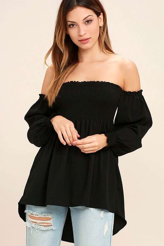 Cute Black Top - Off-the-Shoulder Top - Long Sleeve Top - Blouse - $46. ...