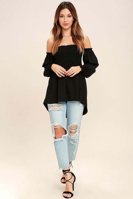 Cute Black Top - Off-the-Shoulder Top - Long Sleeve Top - Blouse - $46.00