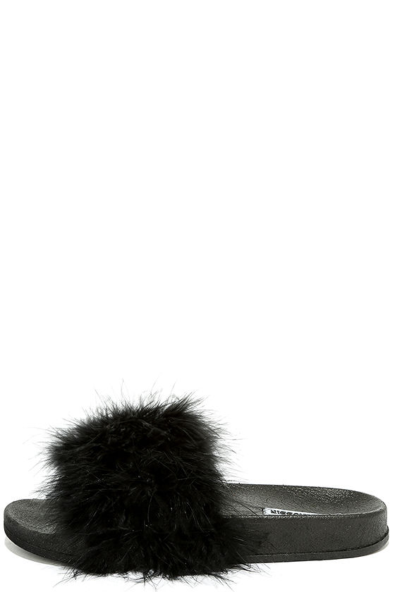 Chic Black Slide Sandals - Feather Slide Sandals - Lulus