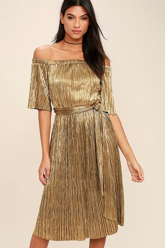 Lovely Gold Dress Off The Shoulder Dress Midi Dress 64 00 Lulus