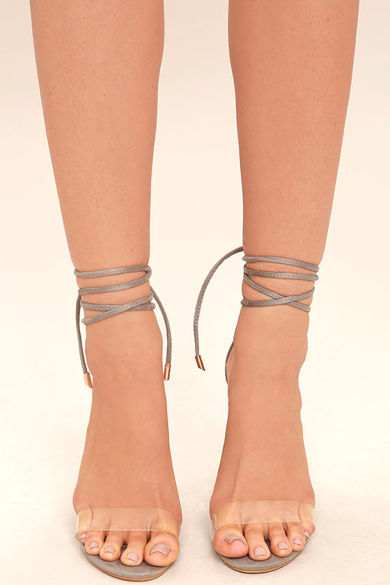 Chic Grey Heels - Black and Lucite Heels - Lace-Up Heels - Leg-Wrap ...