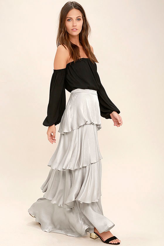 Lovely Silver skirt - Maxi Skirt - Tiered Skirt - Satin Skirt - Lulus