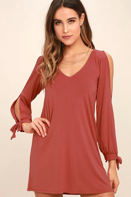 Cute Rusty Rose Dress - Shift Dress - Cold Shoulder Dress - $36.00 - Lulus
