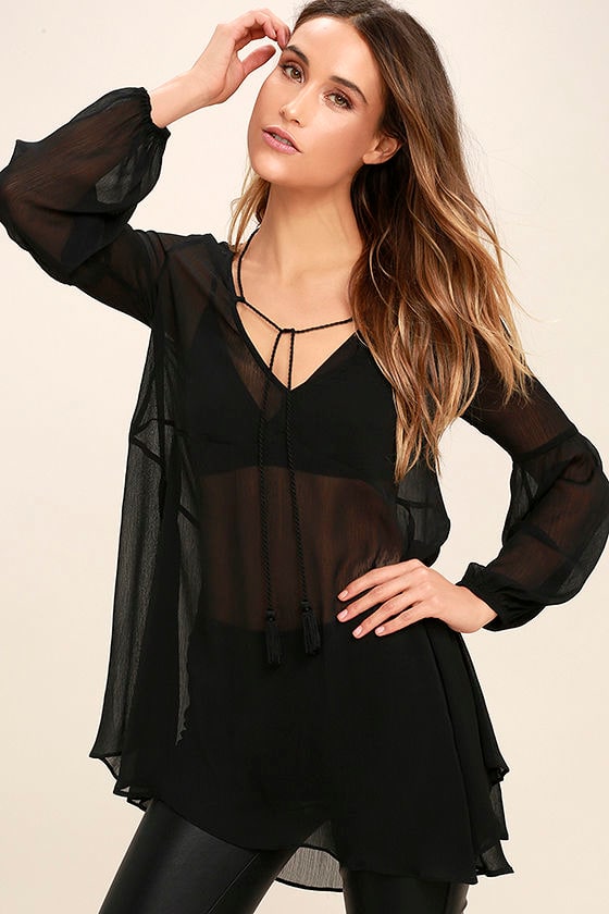 Chic Black Top - Sheer Top - Long Sleeve Top - Peasant Top - $48.00 - Lulus