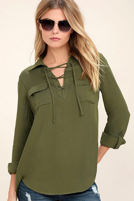 Jack by BB Dakota Nutmeg Top - Olive Green Top - Lace-Up Top - $59.00 ...