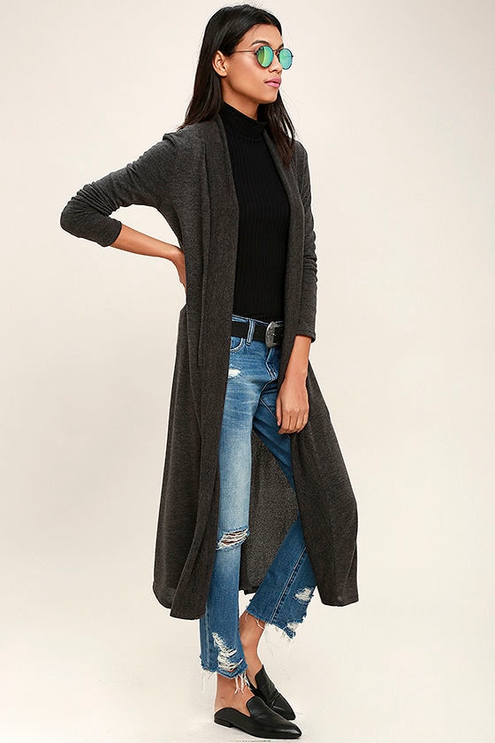 Chic Charcoal Grey Cardigan Long Cardigan Sweater Open Front