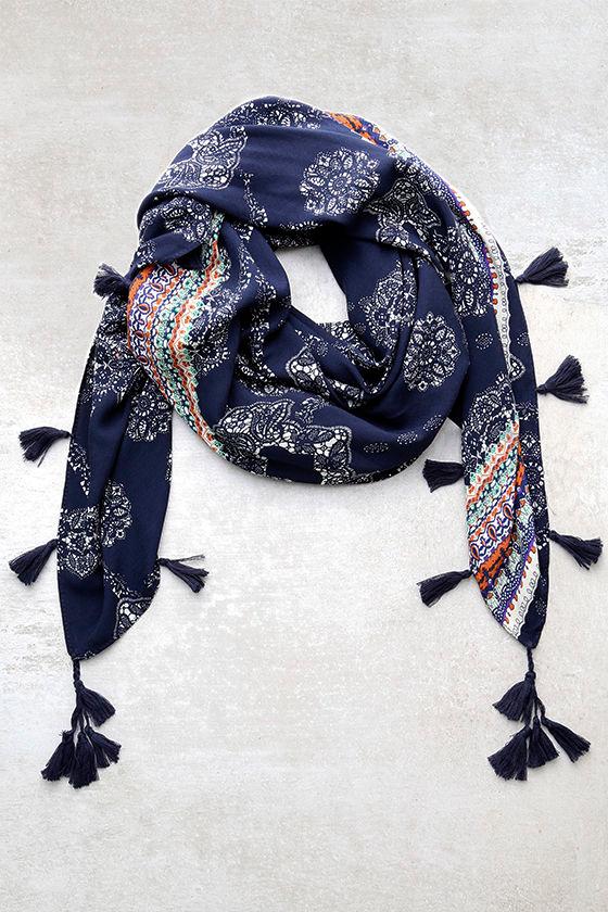 Boho Navy Blue Print Scarf - Tassel Scarf - Square Scarf - $16.00 - Lulus