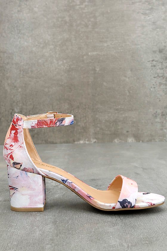 Cute Blush Floral Print Heels - Ankle Strap Heels - Block Heels - $30.00