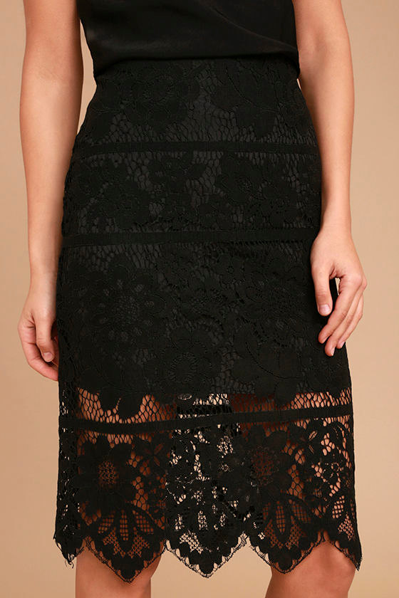 Lovely Black Lace Skirt - Black Lace Midi Skirt - High Waisted Skirt ...