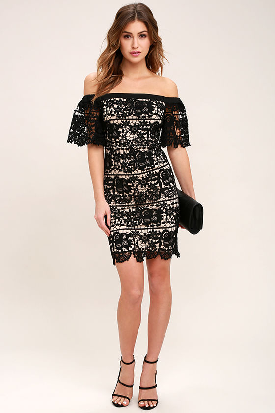 Sexy Black Midi Dress Lace Dress Off The Shoulder Dress 64 00