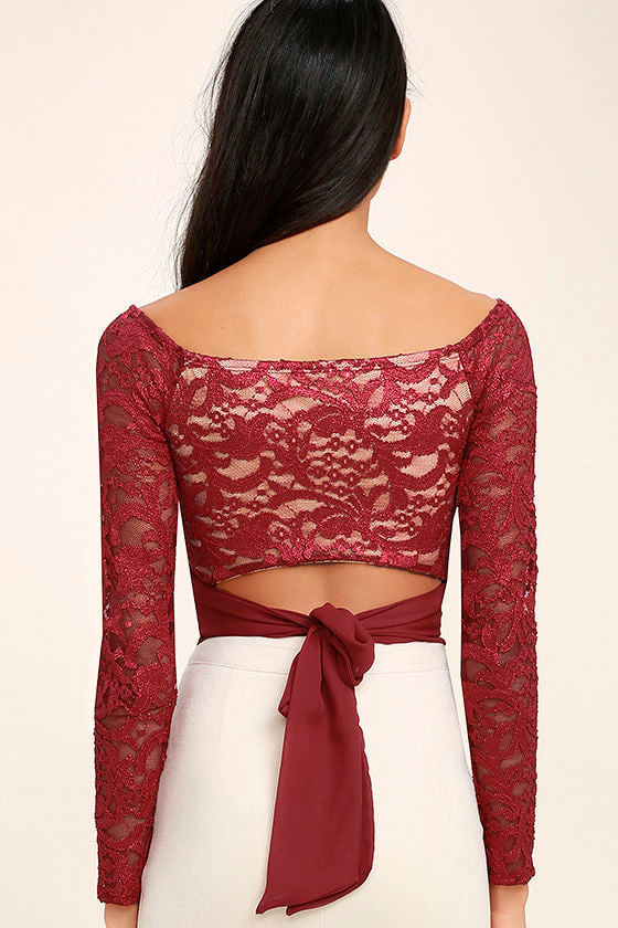 Sexy Wine Red Top Lace Crop Top Tying Crop Top 36 00