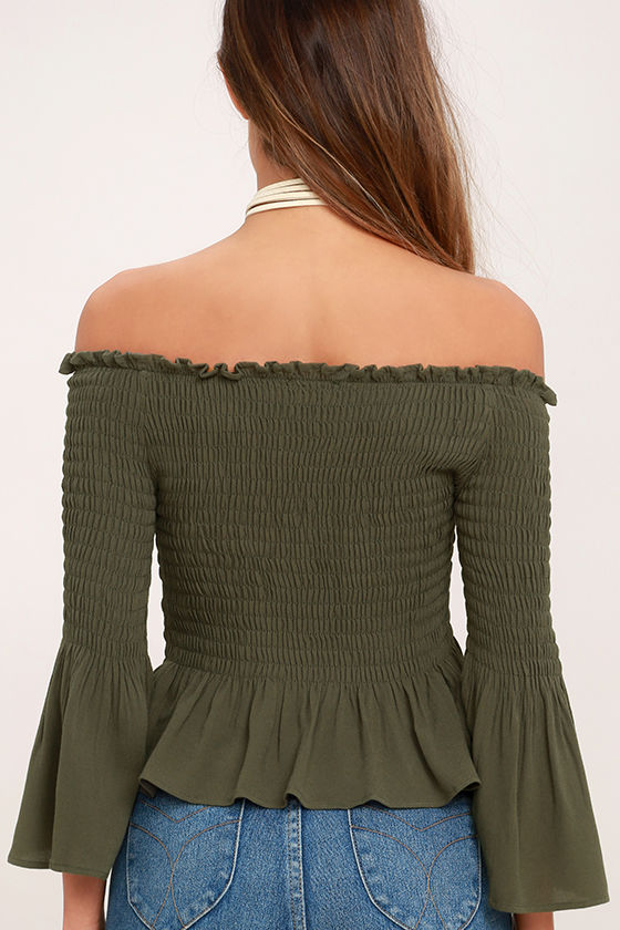Cute Olive Green Top - Smocked Top - Off-the-Shoulder Top - $42.00