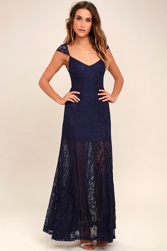 Lovely Navy Blue Maxi Dress Lace Maxi Dress Elegant Lace Dress