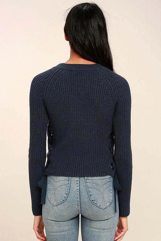 Cute Washed Navy Blue Sweater - Lace-Up Sweater - Knit Sweater - $45.00