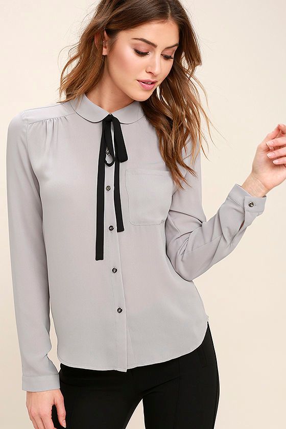 Chic Grey Top - Button-Up Top - Tie Neck Top - Collared Top - $38.00 ...