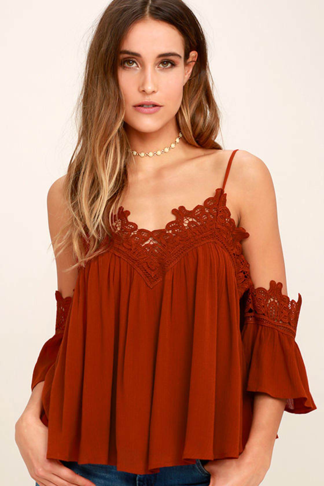 Boho Rust Red Top - Lace Top - Off-the-Shoulder Top - Crochet Top - $48 ...
