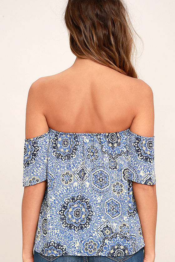 Cute Blue Top - Print Top - Off-the-Shoulder Top - $42.00