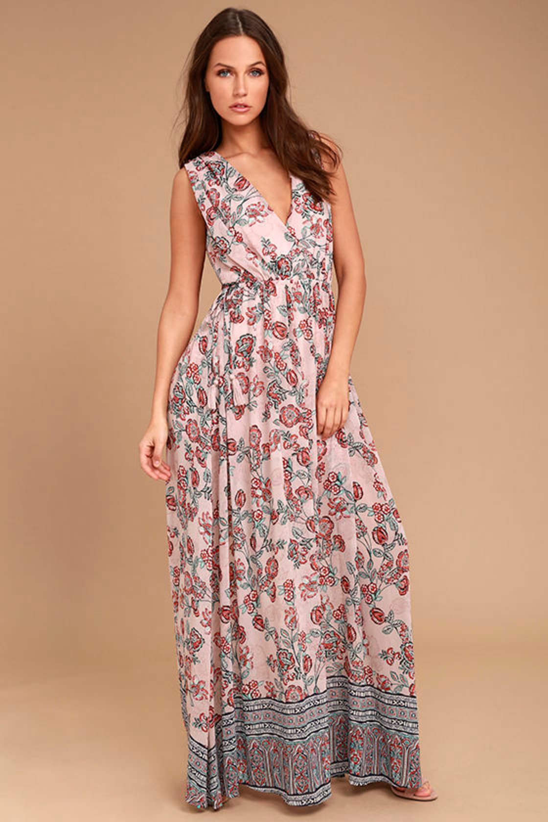 Lovely Blush Pink Dress Floral Print Dress Maxi Dress Gown 98