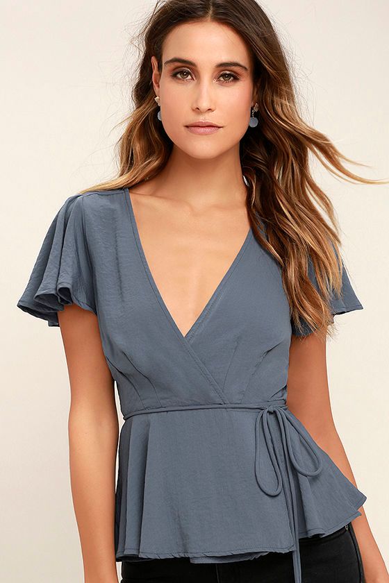 Lovely Slate Blue Top - Wrap Top - Short Sleeve Top - Blouse - $44.00 ...