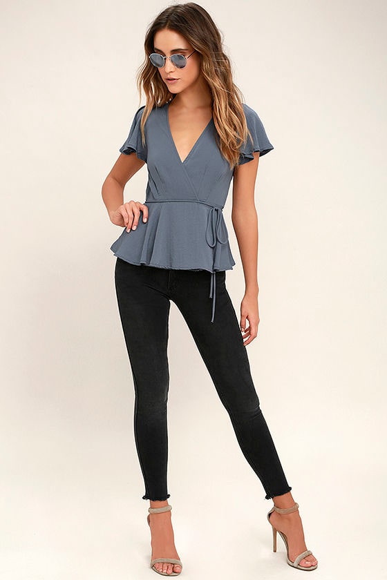 Lovely Slate Blue Top - Wrap Top - Short Sleeve Top - Blouse - $44.00 ...