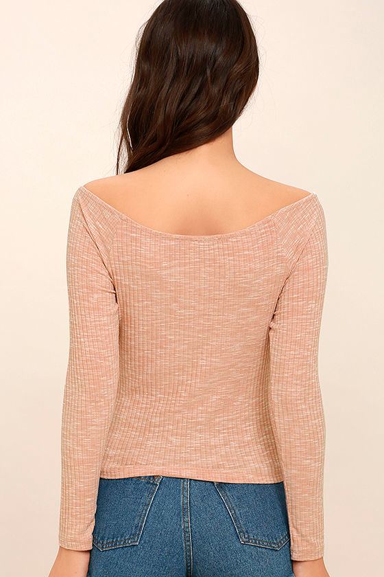 Cute Blush Pink Top - Off-the-Shoulder Top - Ribbed Knit Top - Heather ...