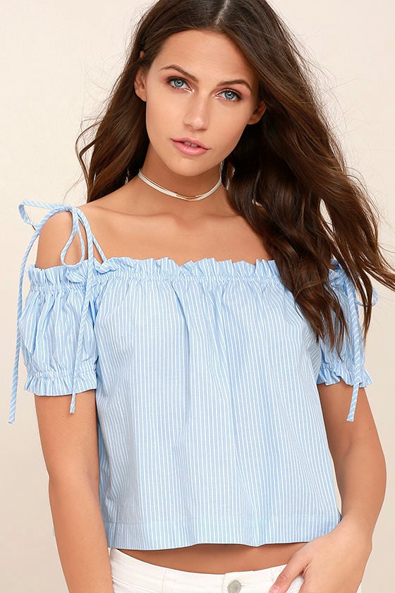 Cute Blue And White Top Striped Top Off The Shoulder Top Crop Top