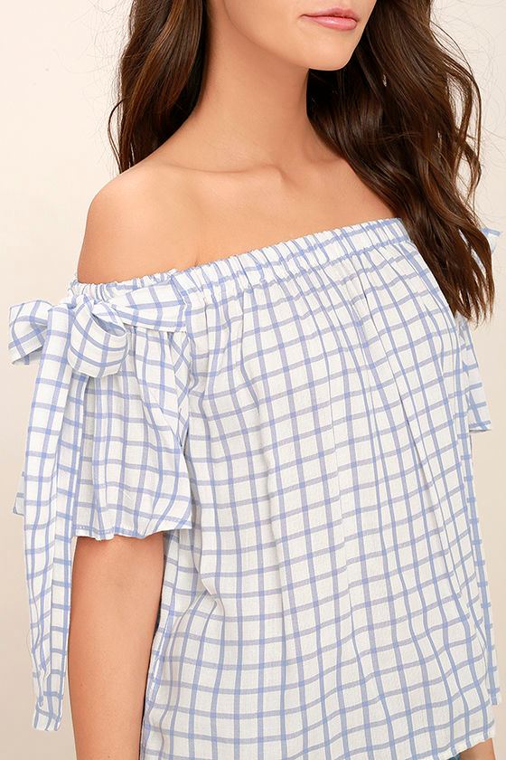 Cute Blue and White Top - Grid Print Top - Off-the-Shoulder Top - $42.00